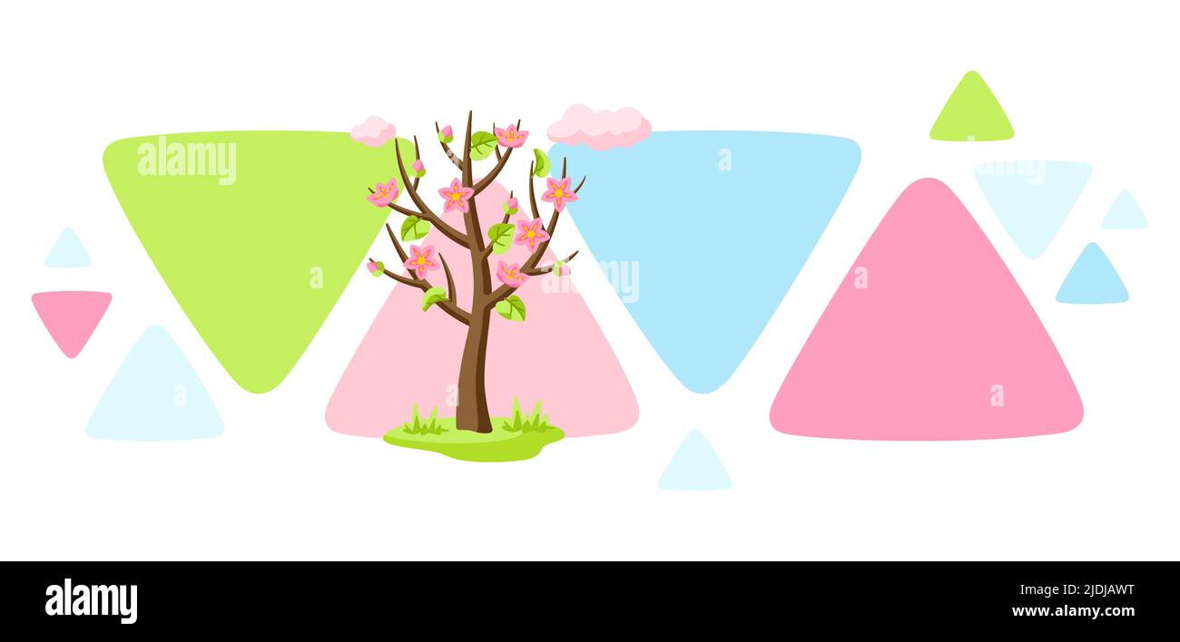 Spring tree with flowers and leaves. Seasonal nature illustration Stock ...