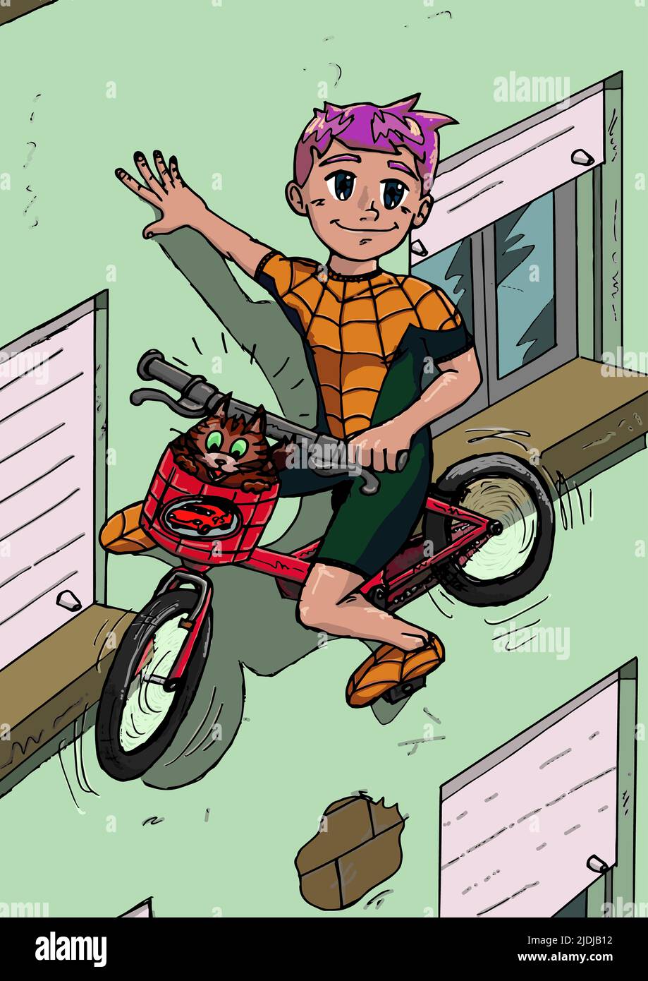 Illustration of a young boy crawling a wall with a bike Stock Photo - Alamy