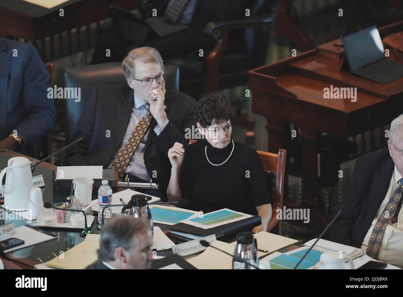 Austin, TX, USA. 21st June, 2022. State Senators BRIAN BIRDWELL, l, and ...