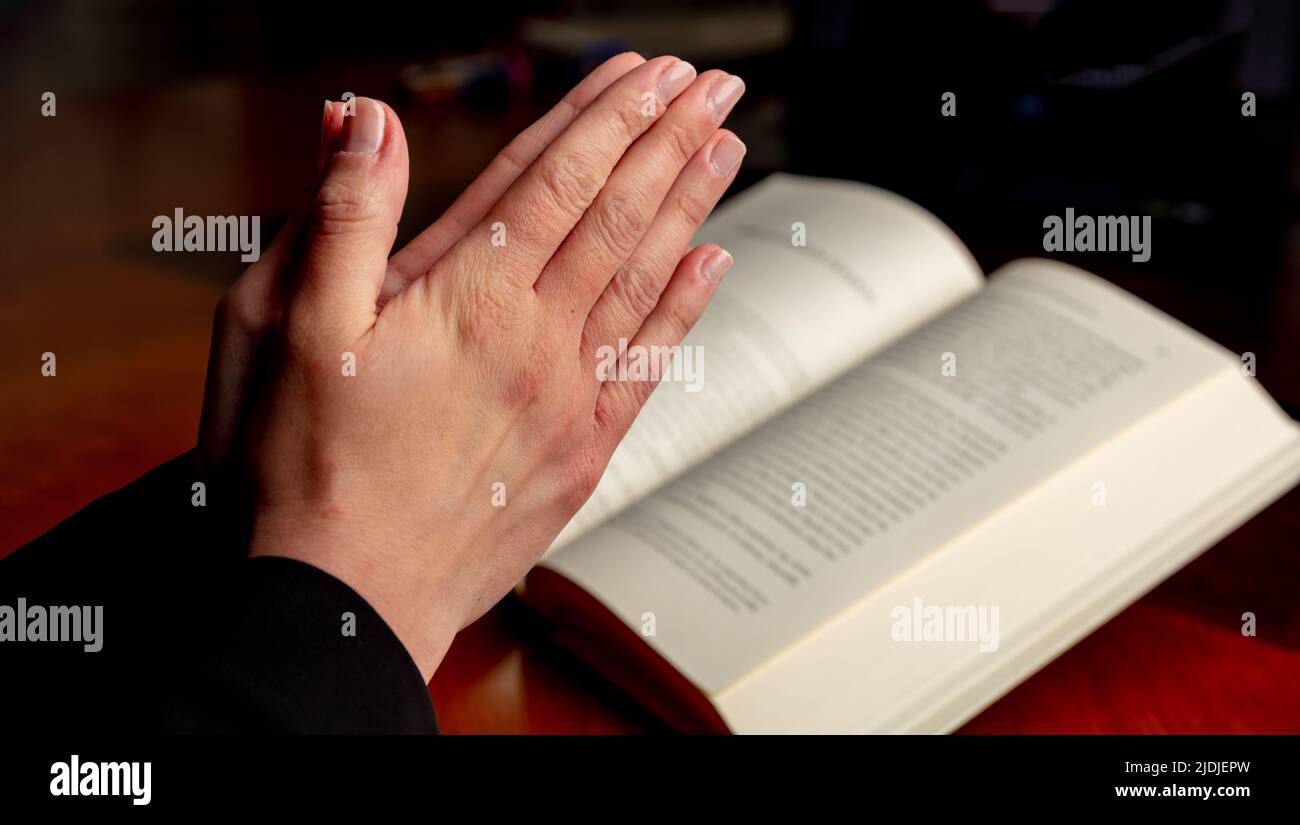 Pray to God, faith, religion and spirituality concept. Prayer, woman ...