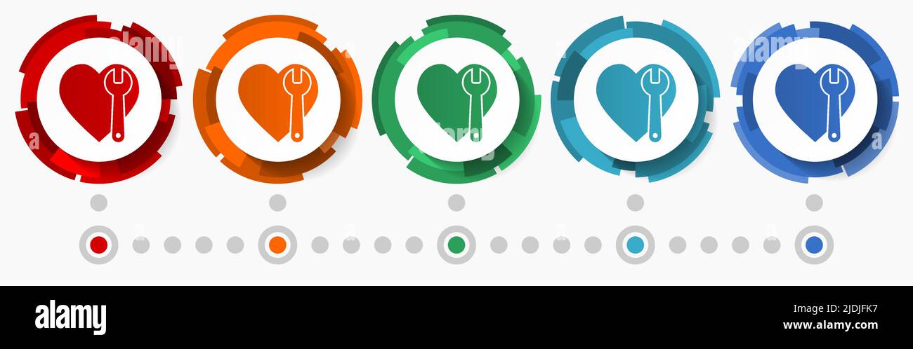 Wrench and heart concept vector icon set, flat design pointers ...