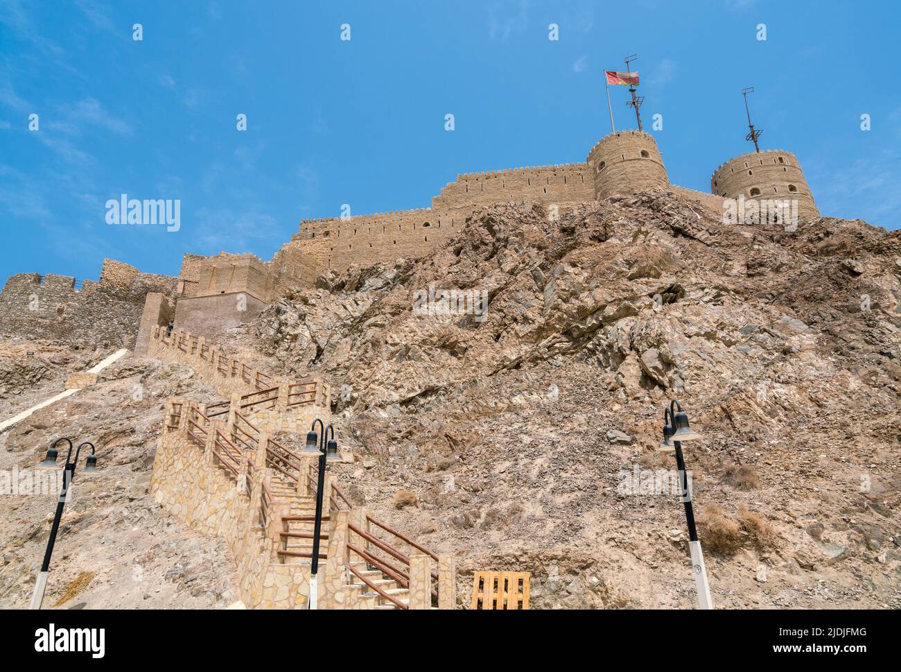 Muscat, Oman - 04.04.2018: Low angle shot of medieval Arabian fort in ...