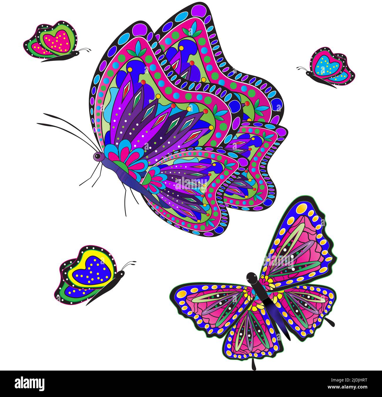 Graphic Illustration of Bright Bold Butterflies in Vivid Colors Stock ...