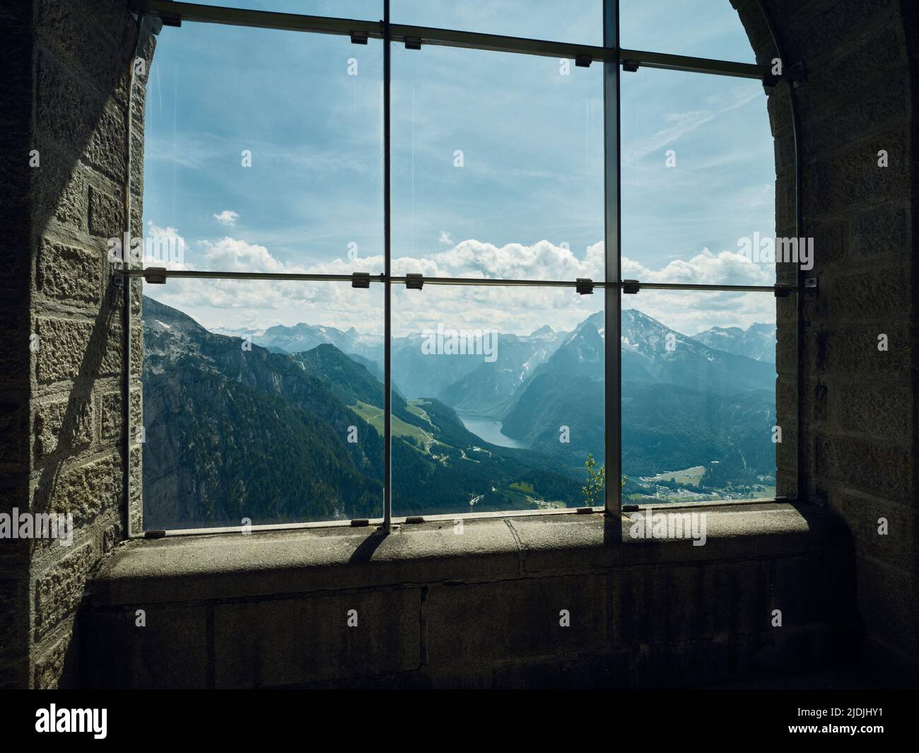 View through the Kehlstein hut window on Lake Konigssee, Berchtesgaden ...