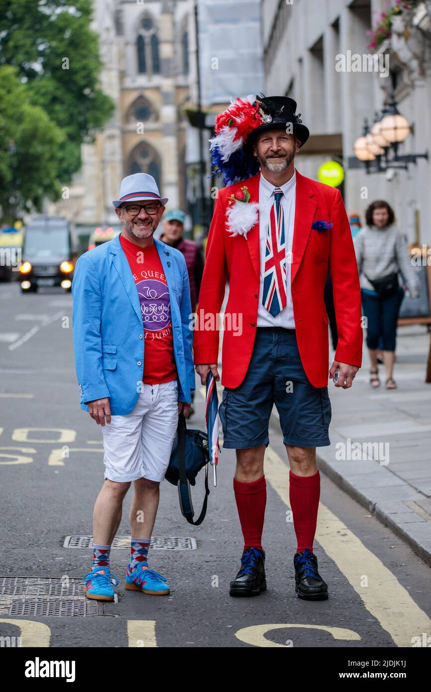 Spectators dressed in red, white and blue at The Platinum Jubilee ...