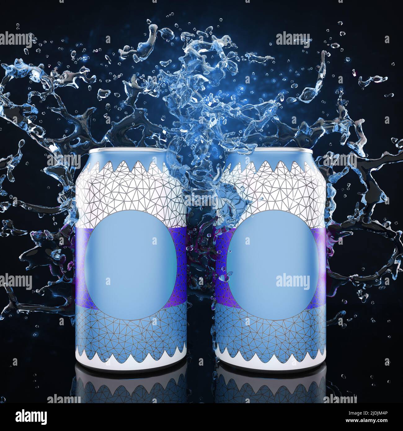 Two blue cans splashed with water. Refreshing drink. Advertising mockup ...
