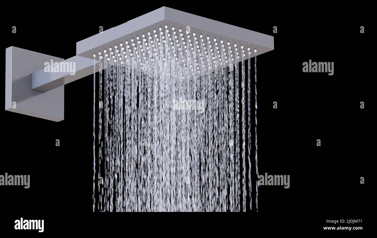 Metal shower with water on on black background. Motion blur. 3d ...