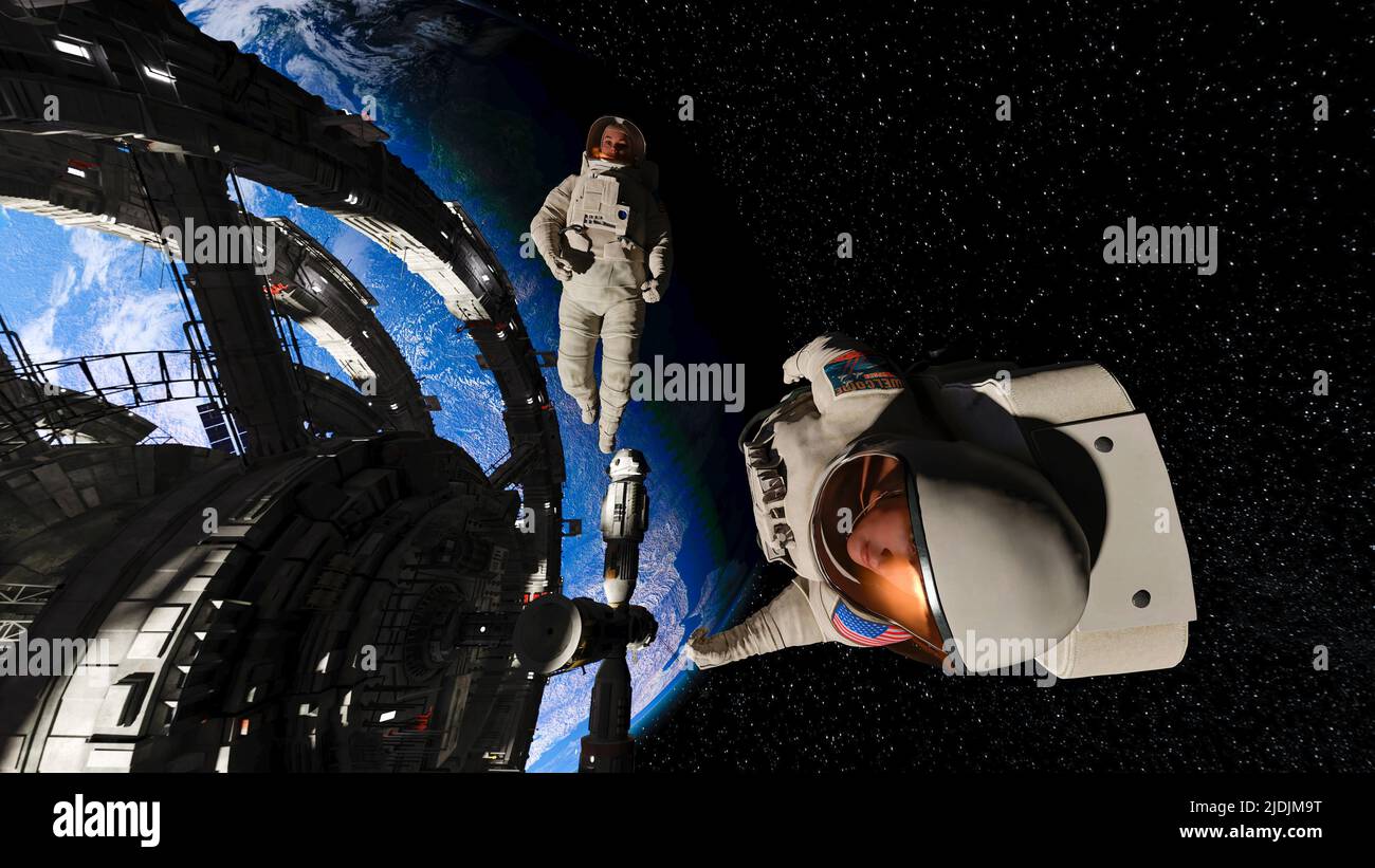 Two astronauts walking in space near a space station with earth ...