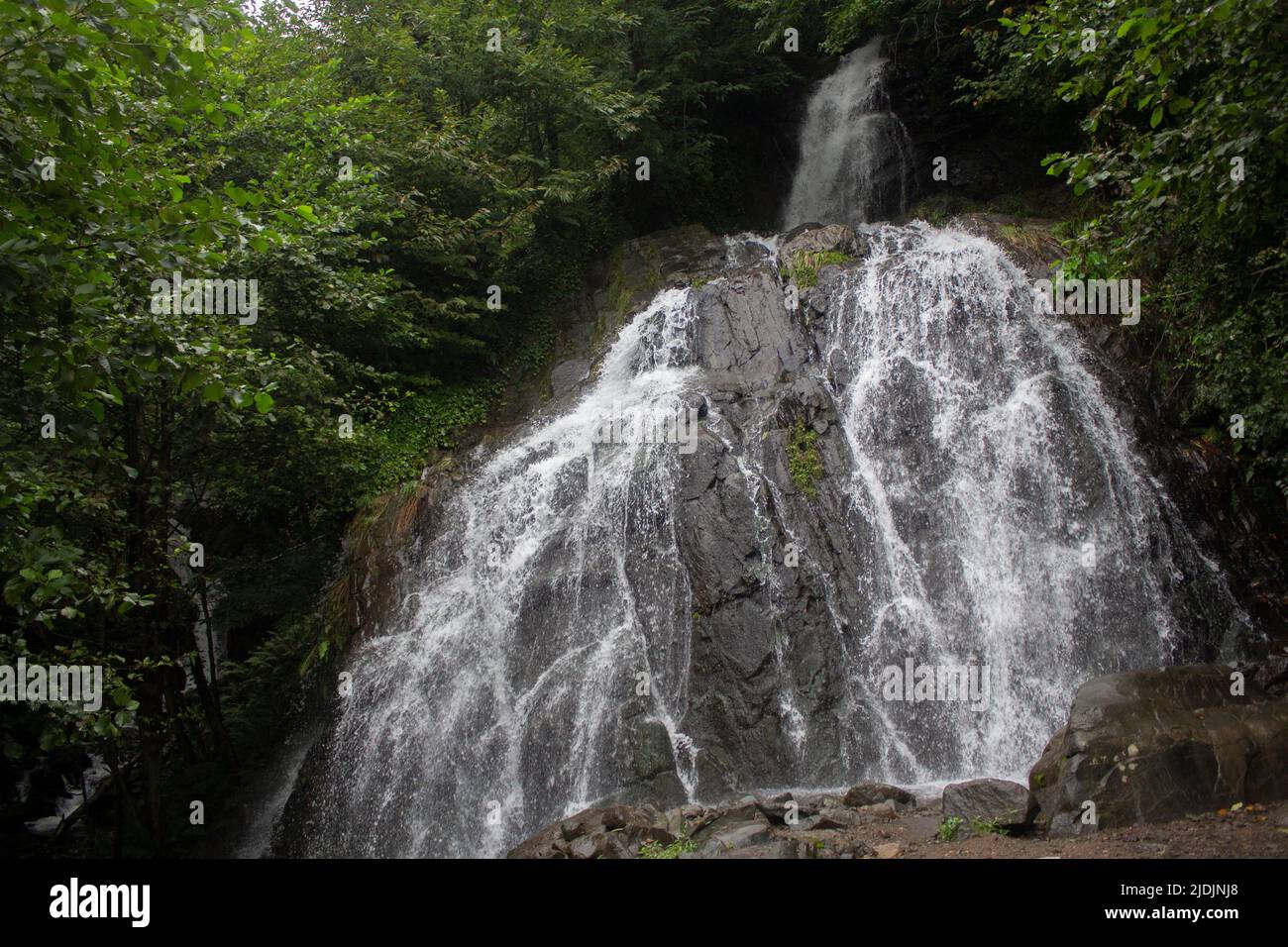 Mountain waterfall flows over the rocks. View of the mountain cascade ...
