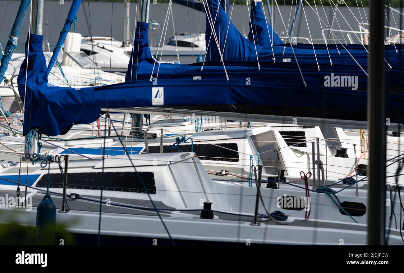 Zegrze, Poland - July 2, 2020: Sailboats and motorboats in the marina ...