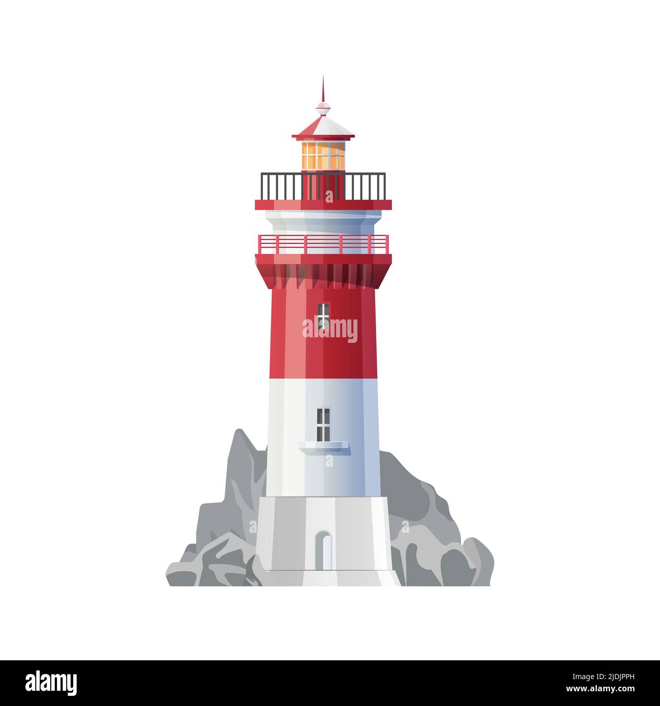 Retro sea lighthouse on coast rocky shore icon. Coastal lighthouse ...