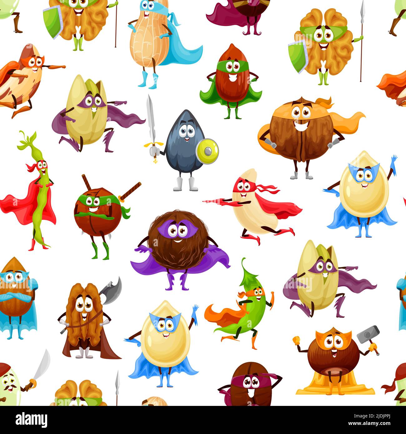 Cartoon nuts and beans superhero characters seamless pattern. Vector ...