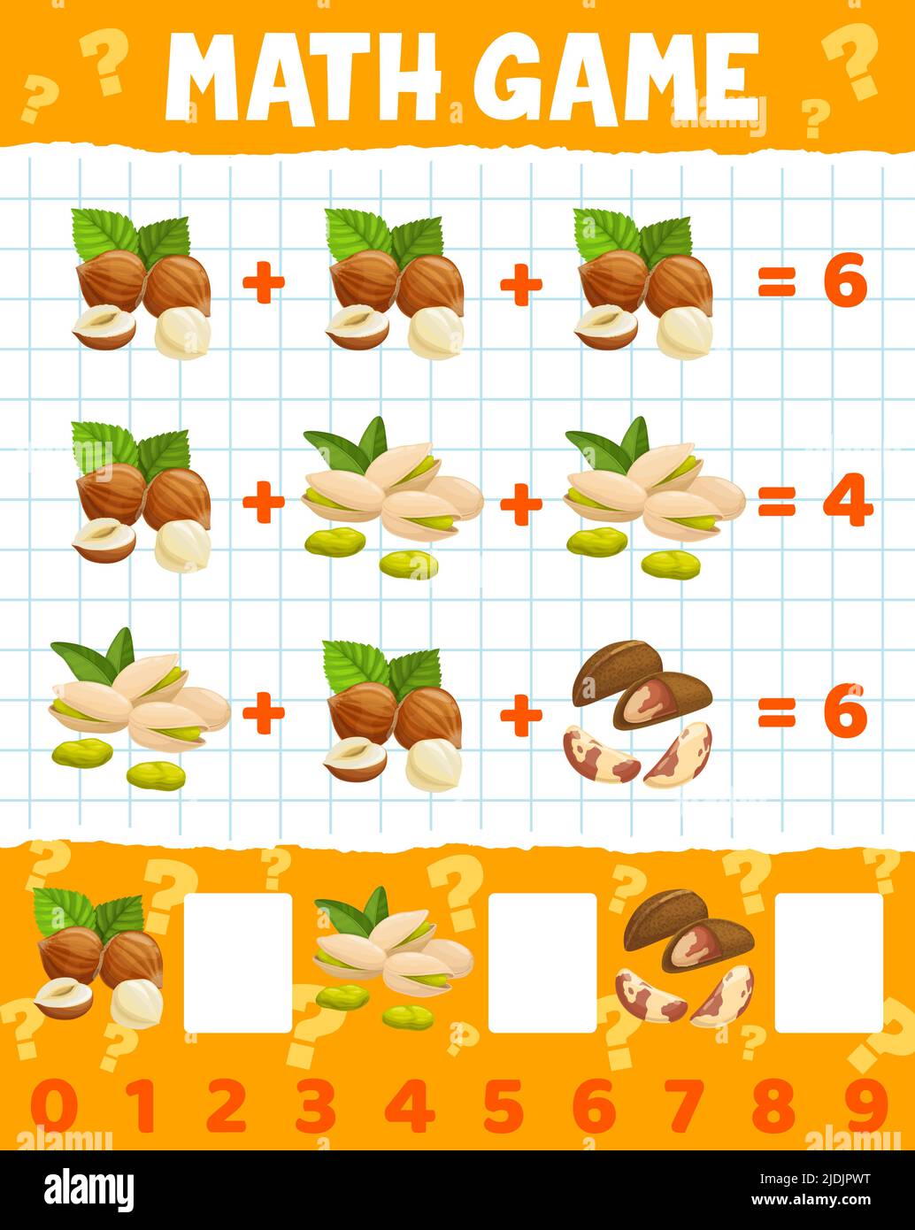 Pistachio, hazelnut and brazilian nuts math game worksheet. Cartoon ...