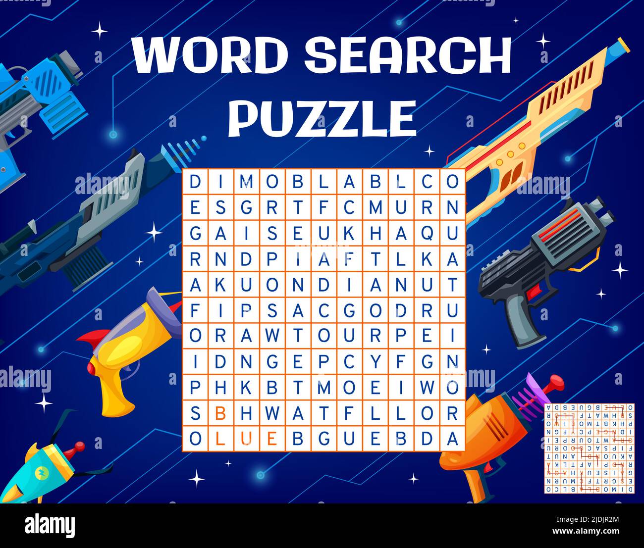 Blaster gun, handgun and raygun weapon, word search puzzle game, vector ...