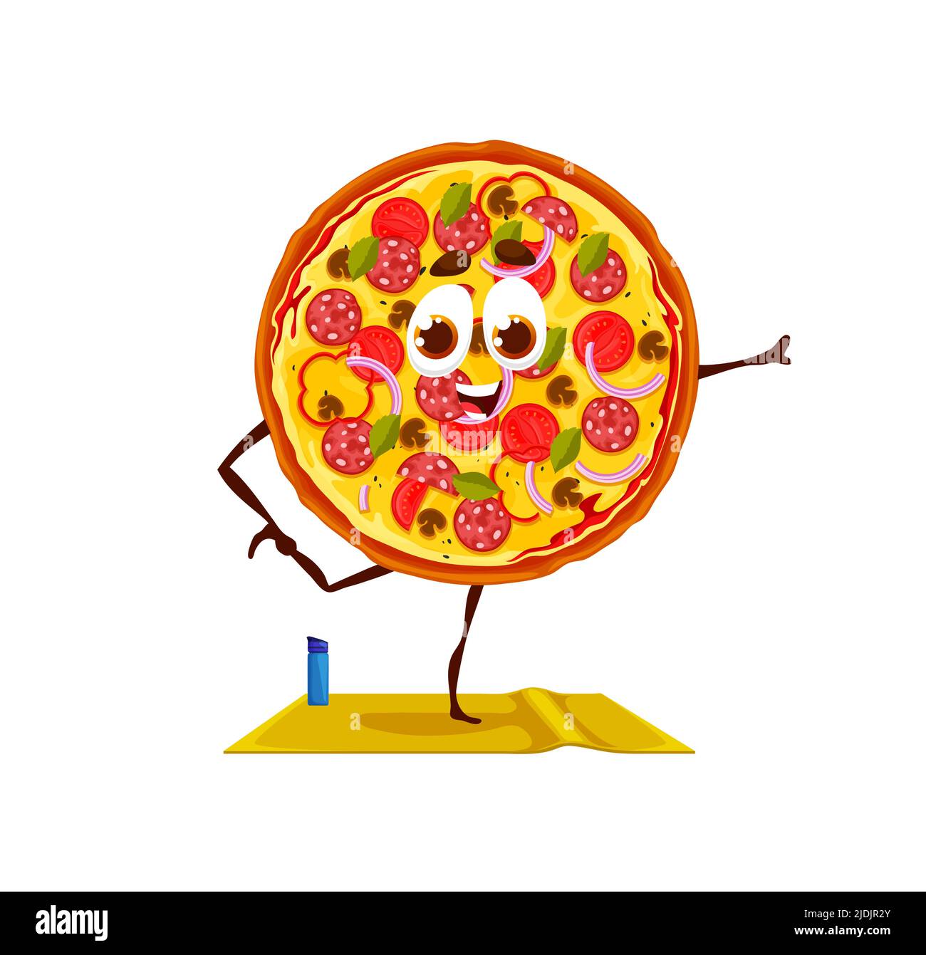 Cartoon funny pizza character on yoga fitness. Fast food cafe meal ...