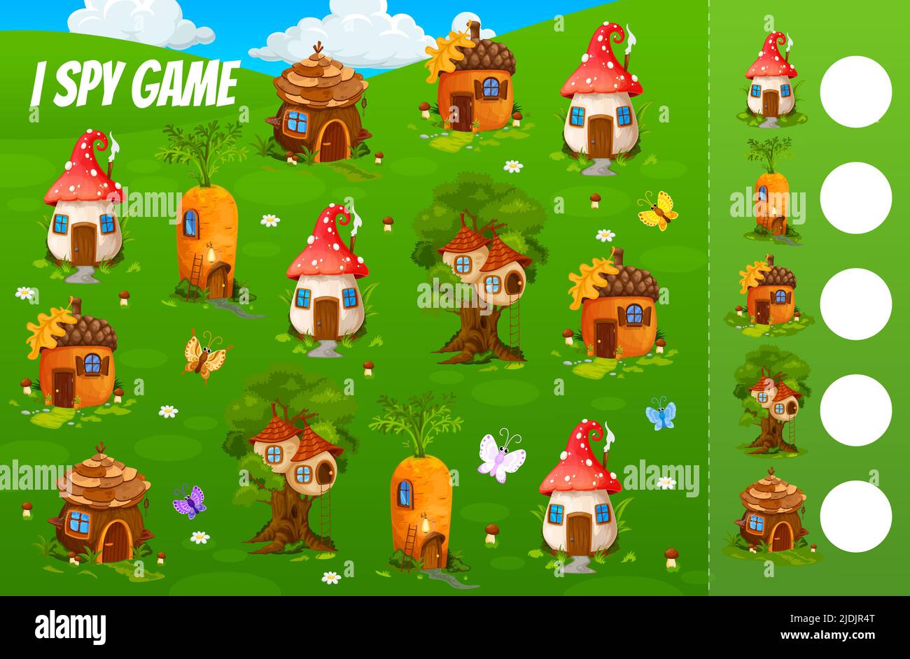 I spy game worksheet with cartoon elf village and fairy houses of ...