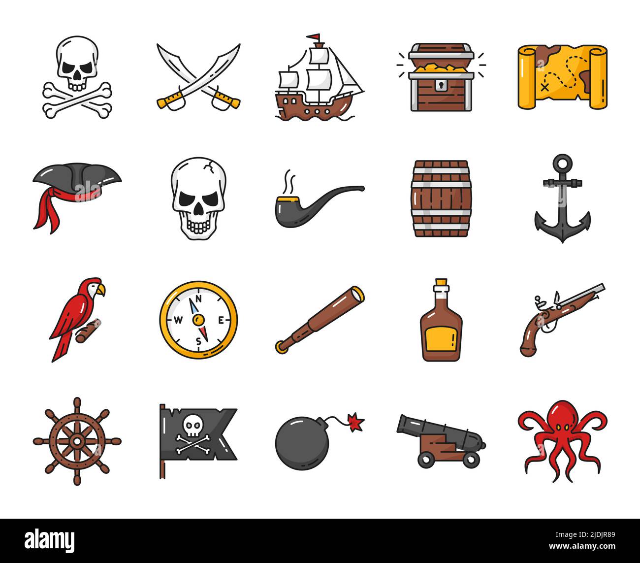 Caribbean pirates outline icons. Vector ship, cannon, captain and chest ...