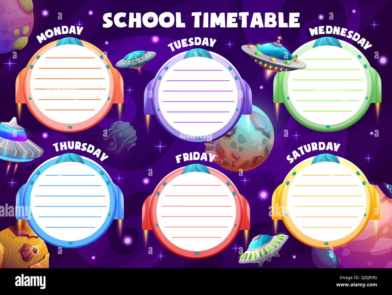 School timetable schedule, cartoon galaxy starships, spaceships and ...