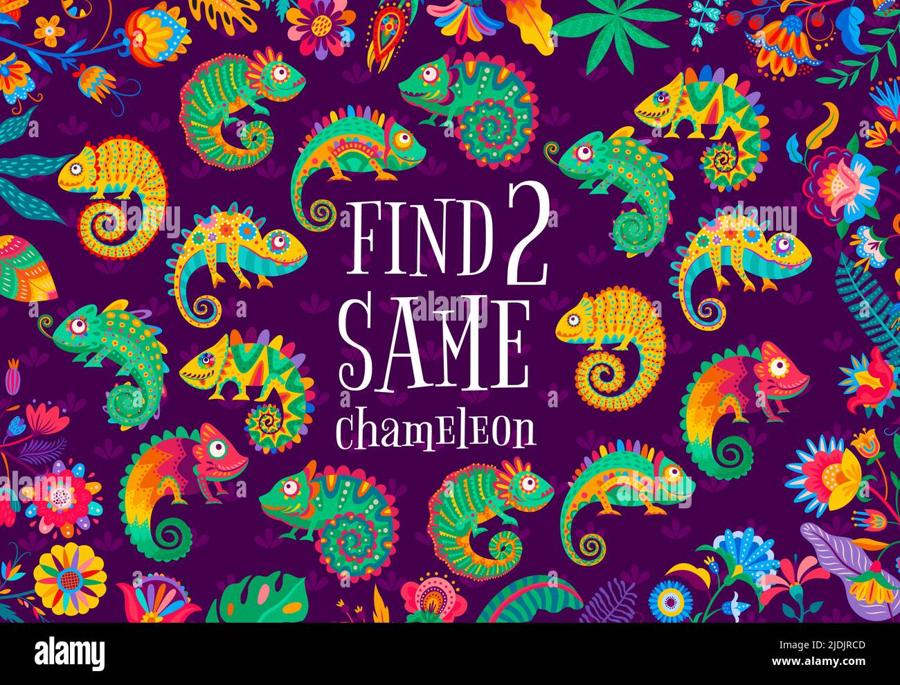 Find two same bright chameleon lizards, kids game quiz worksheet ...