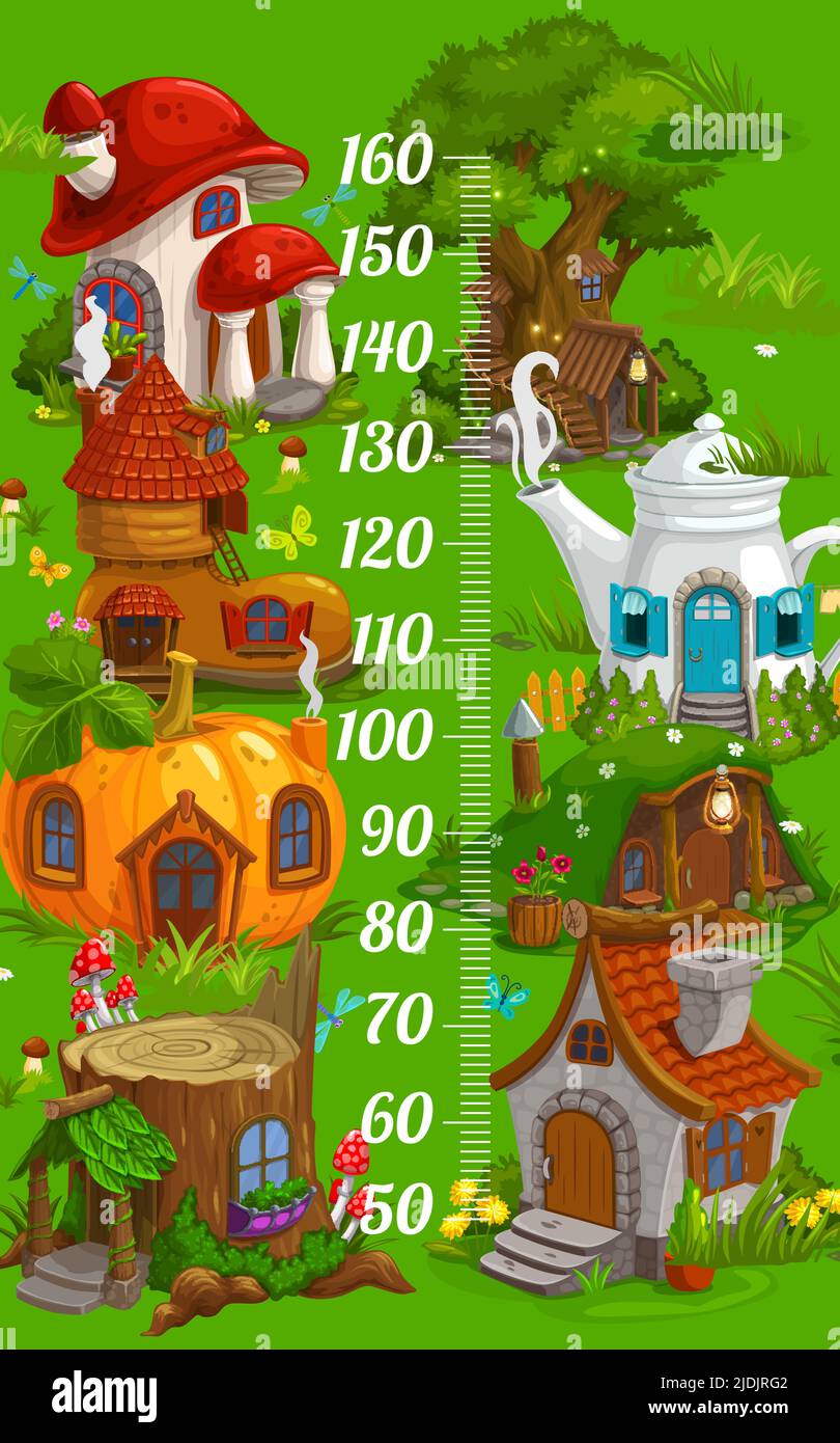 Kids height chart with magic fairy houses of cartoon elf village ...