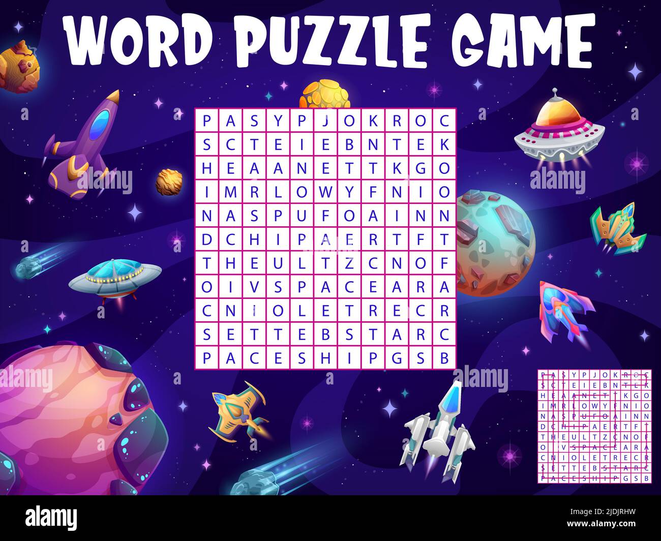 UFO spacecraft, starship shuttles in galaxy space, word search puzzle ...