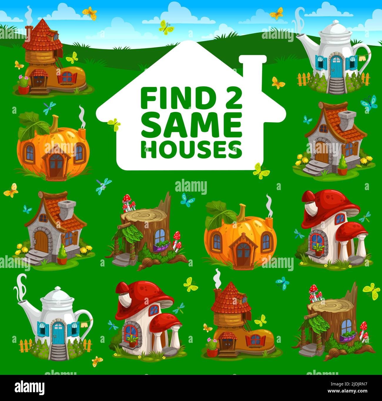Find two same cartoon fairy houses or dwellings, kids game vector ...