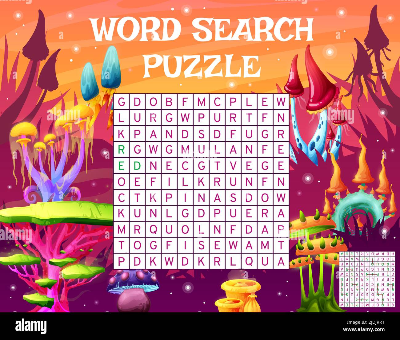 Magic fairytale mushrooms on alien planet. Word search puzzle game ...
