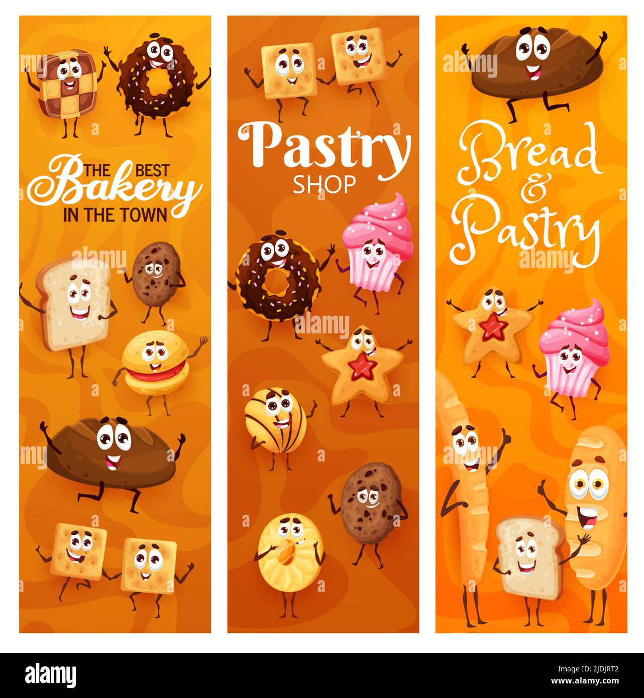 Cartoon bakery, pastry, cakes and cookies characters. Vector funny ...
