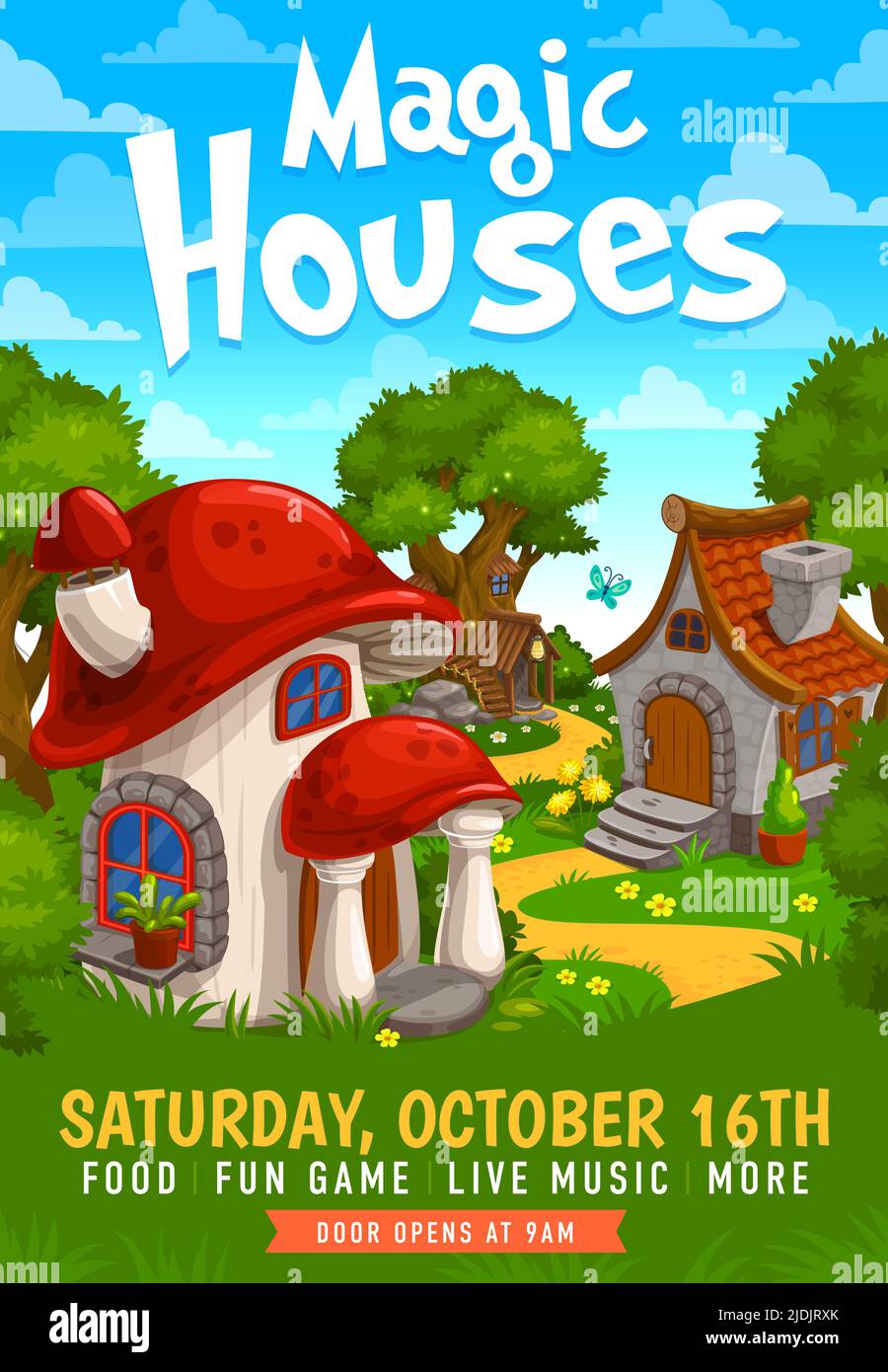 Kids party flyer with cartoon elf houses village. Vector announcement ...