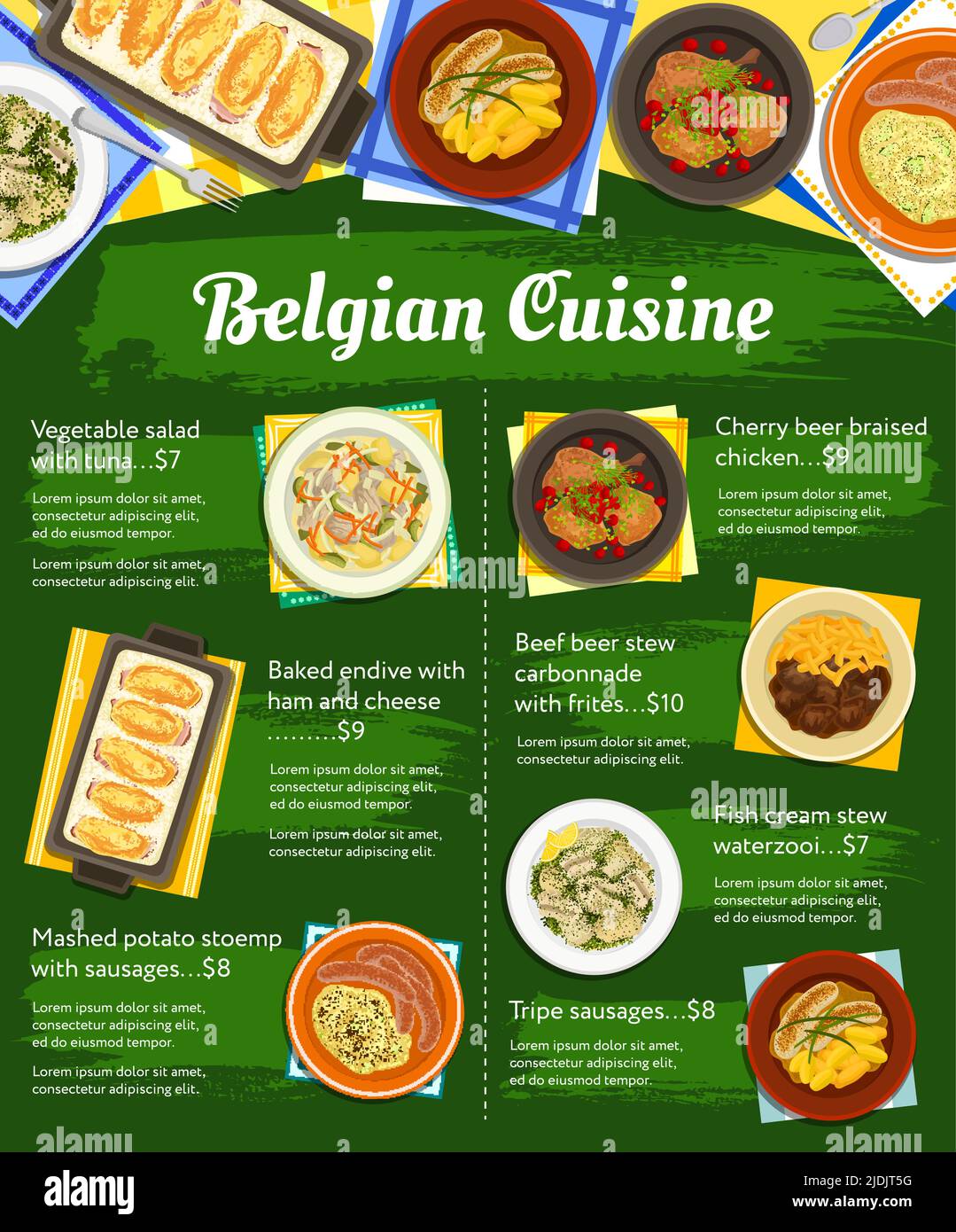 Belgian cuisine menu. Tripe sausages, cherry beer braised chicken and ...