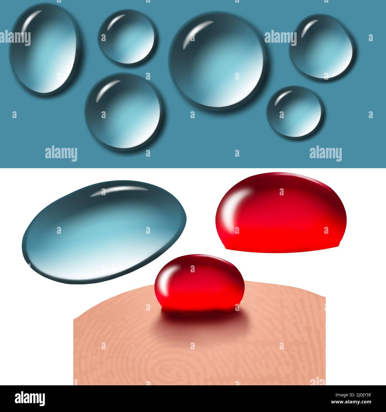 Water and blood droplets as 3-d illustrations are seen here for use as ...