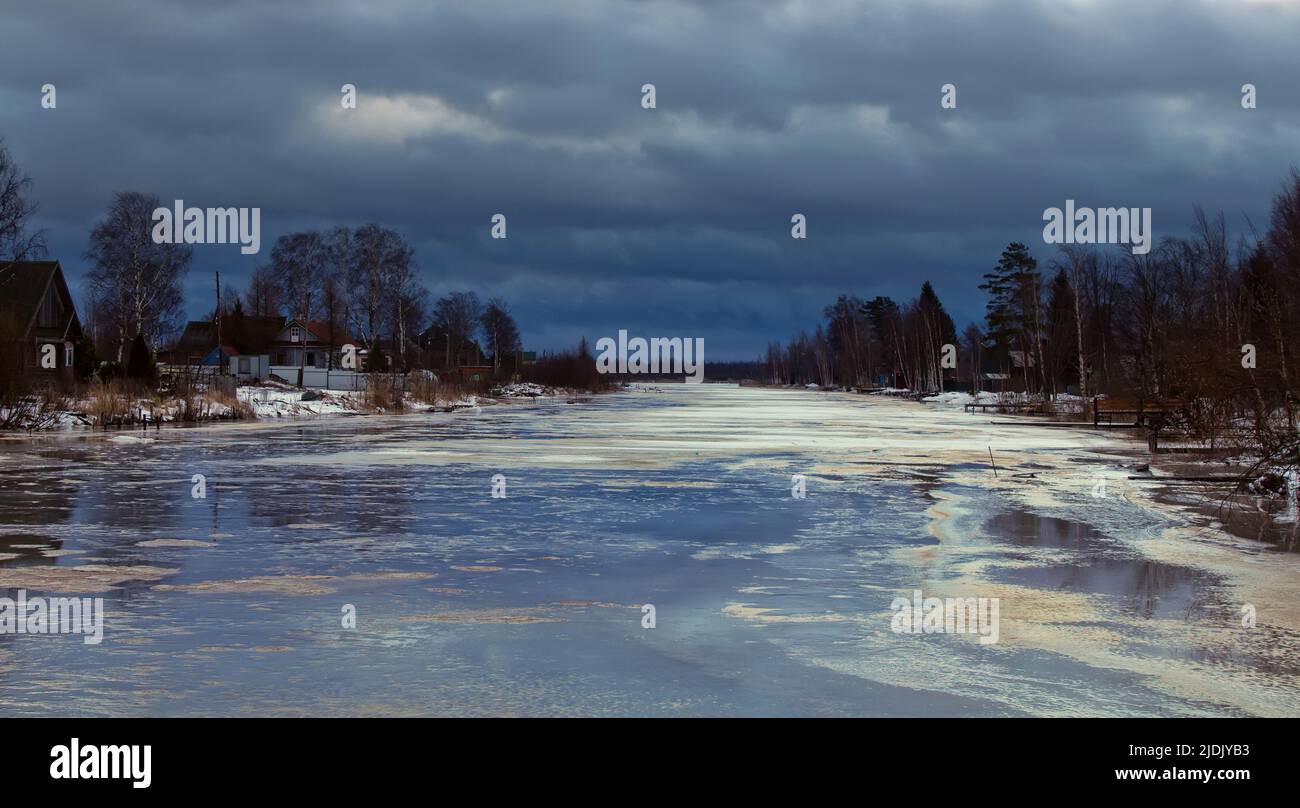 Ice drift (ice-boom) on the northern river. The the ice has broken up ...