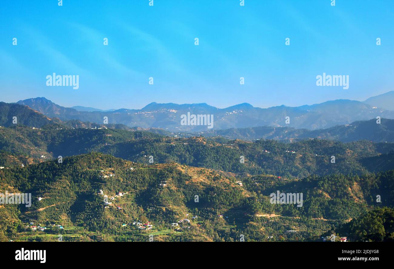 Spring mountain landscape of Outer Himalayas, upland villages. Himachal ...