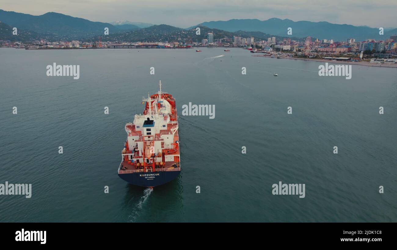 top-down view of a small oil tanker in Black Sea, Batumi, Adjara ...