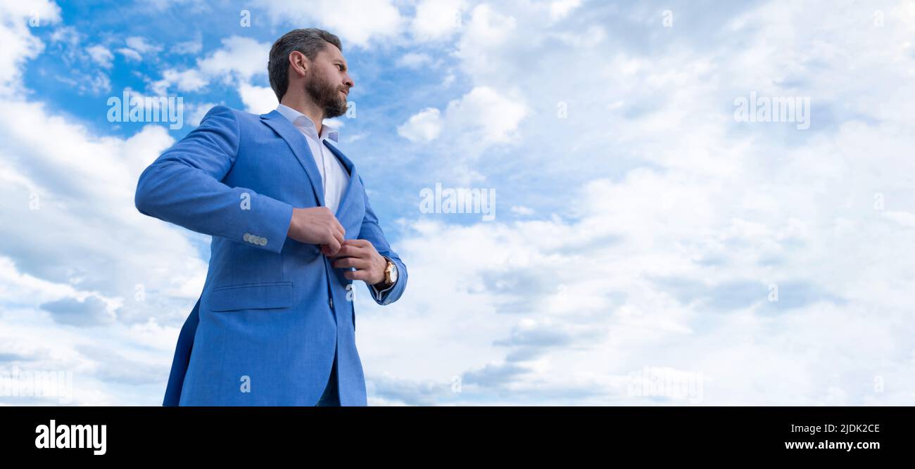 Man face portrait, banner with copy space. Business man in suit, blue ...