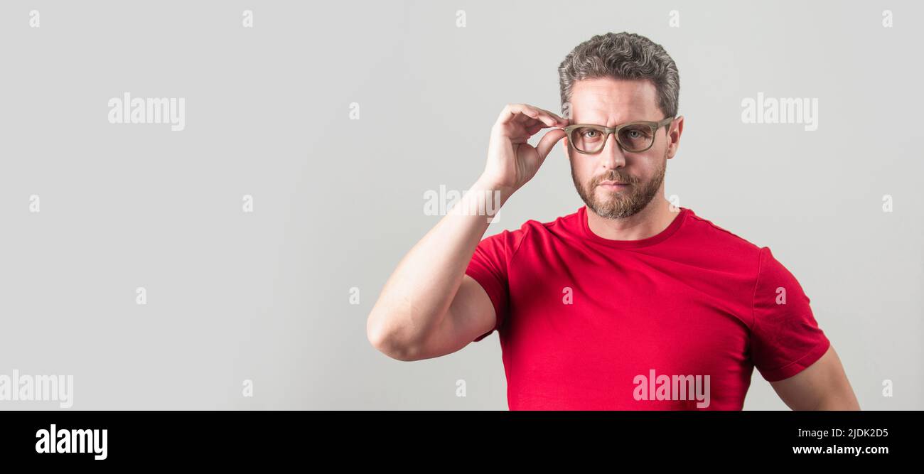 Man Face Portrait Banner With Copy Space Mature Man Look Smart In Glasses Copy Space Vision