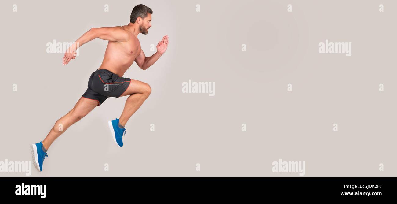 Man running and jumping, banner with copy space. sportsman man runner ...