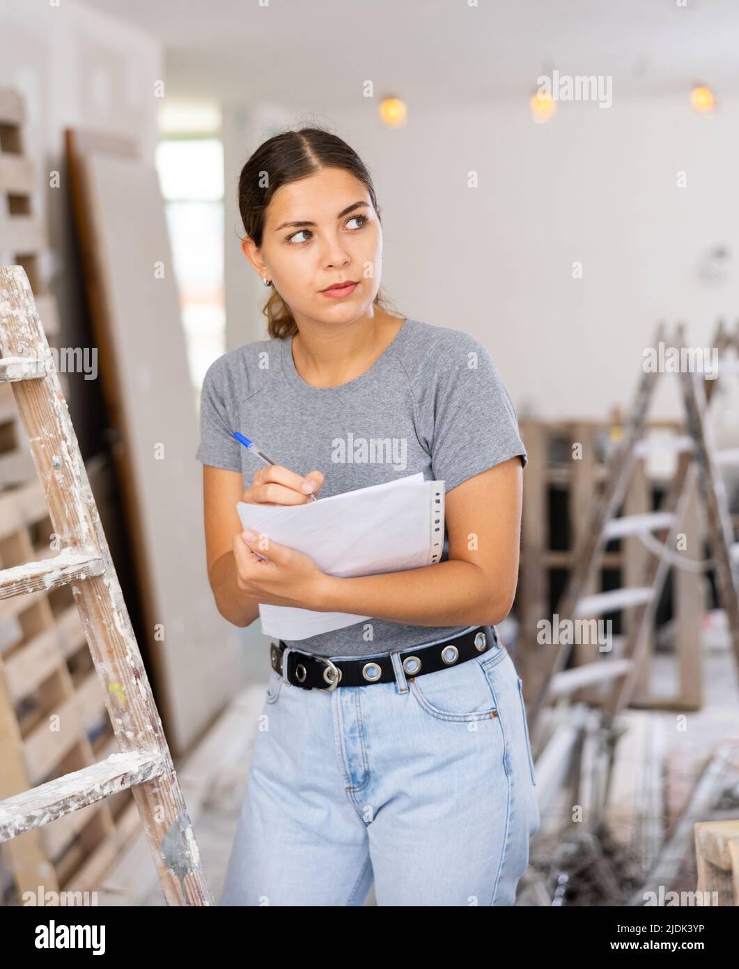 Female architect matching check list during repair works Stock Photo ...