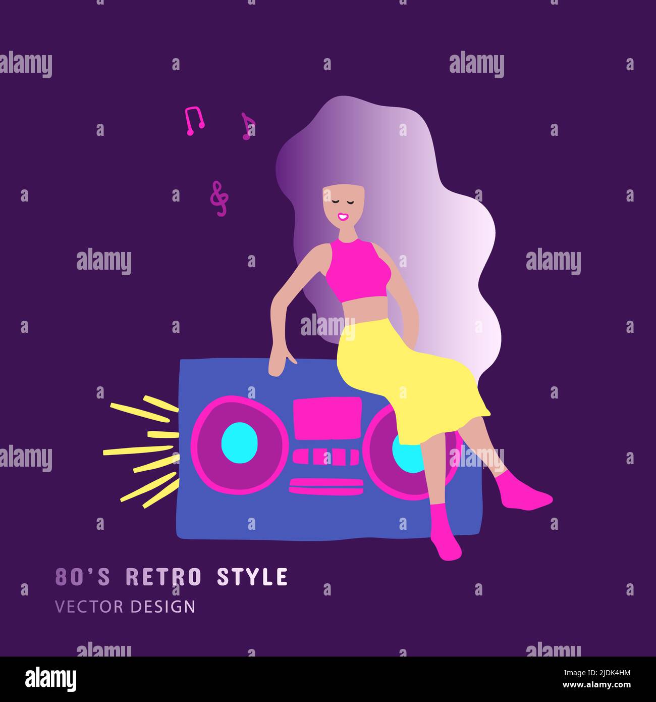 80s music retro party clipart girl with record player. Cartoon ...