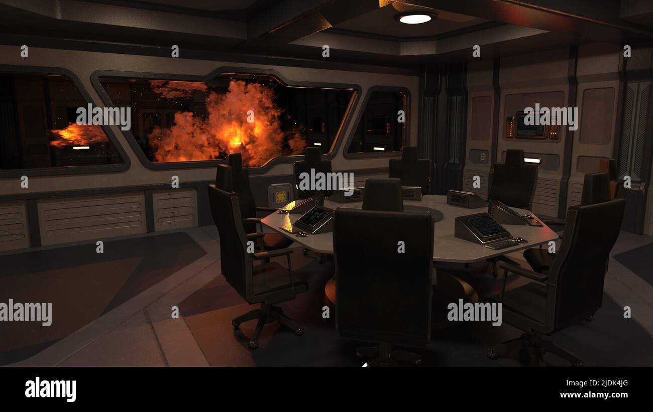 3D-illustration of an conference room in a starship with universe ...
