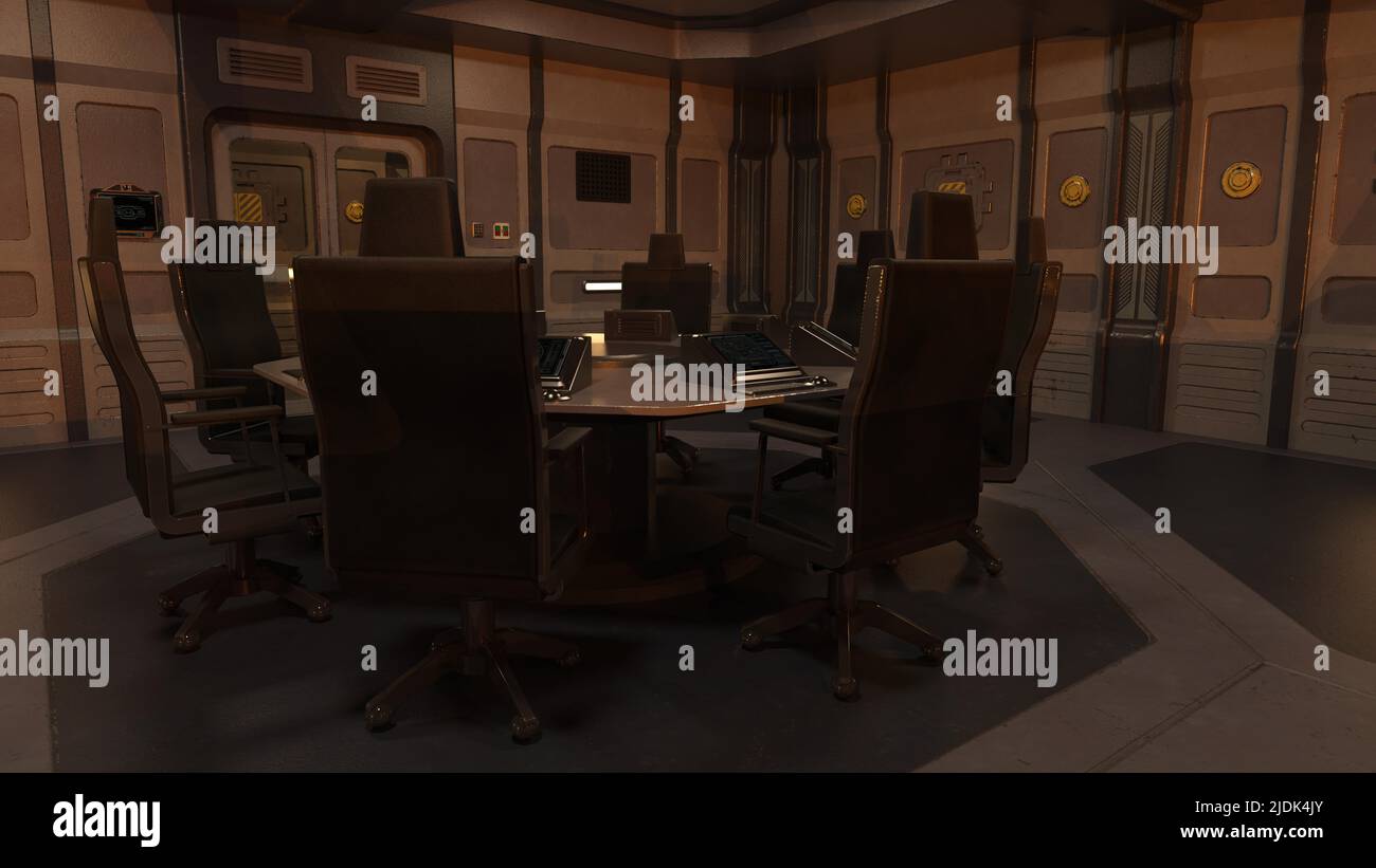 3D-illustration of an conference room in a starship with universe ...