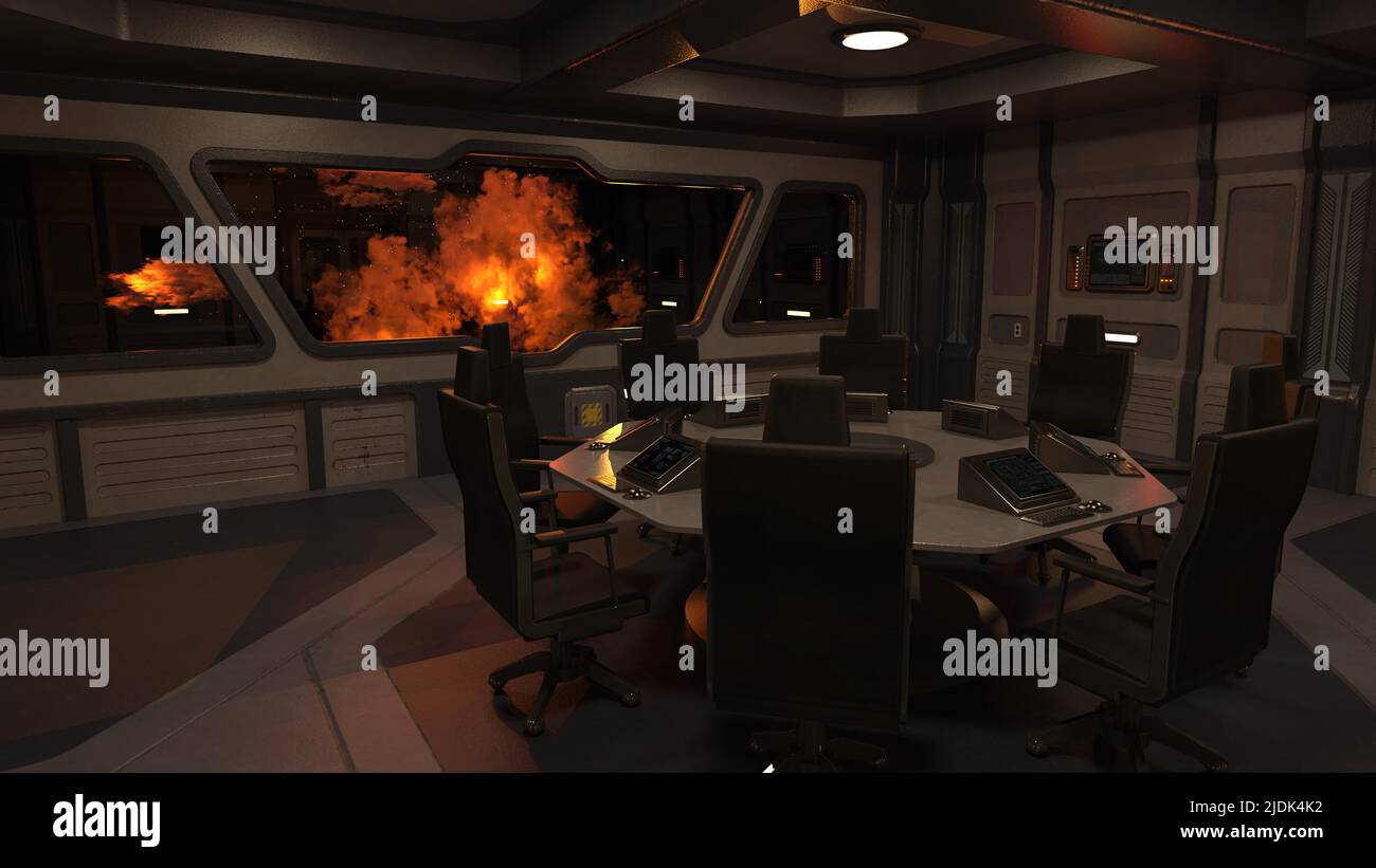 3D-illustration of an conference room in a starship with universe ...