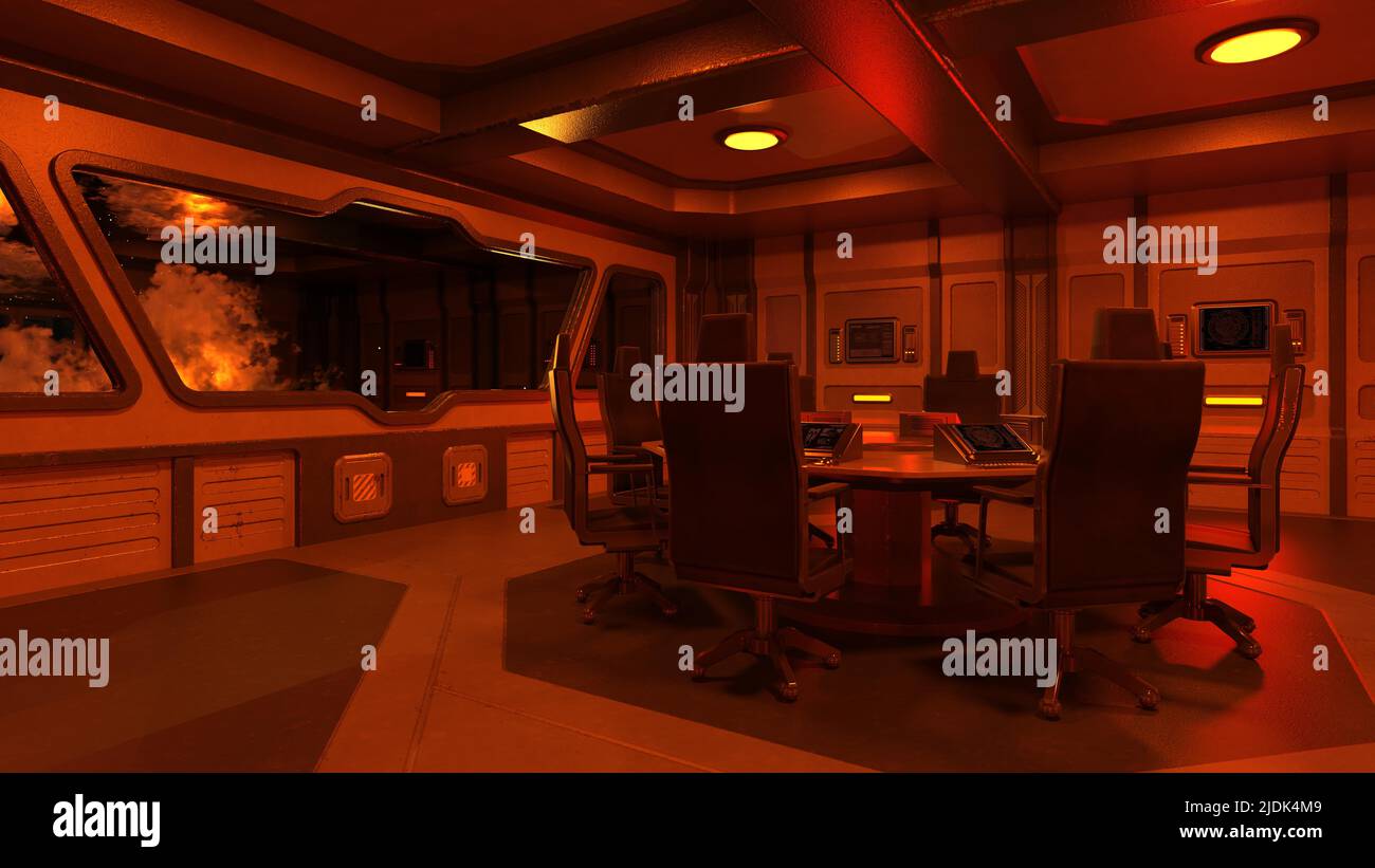 3D-illustration of an conference room in a starship with universe ...