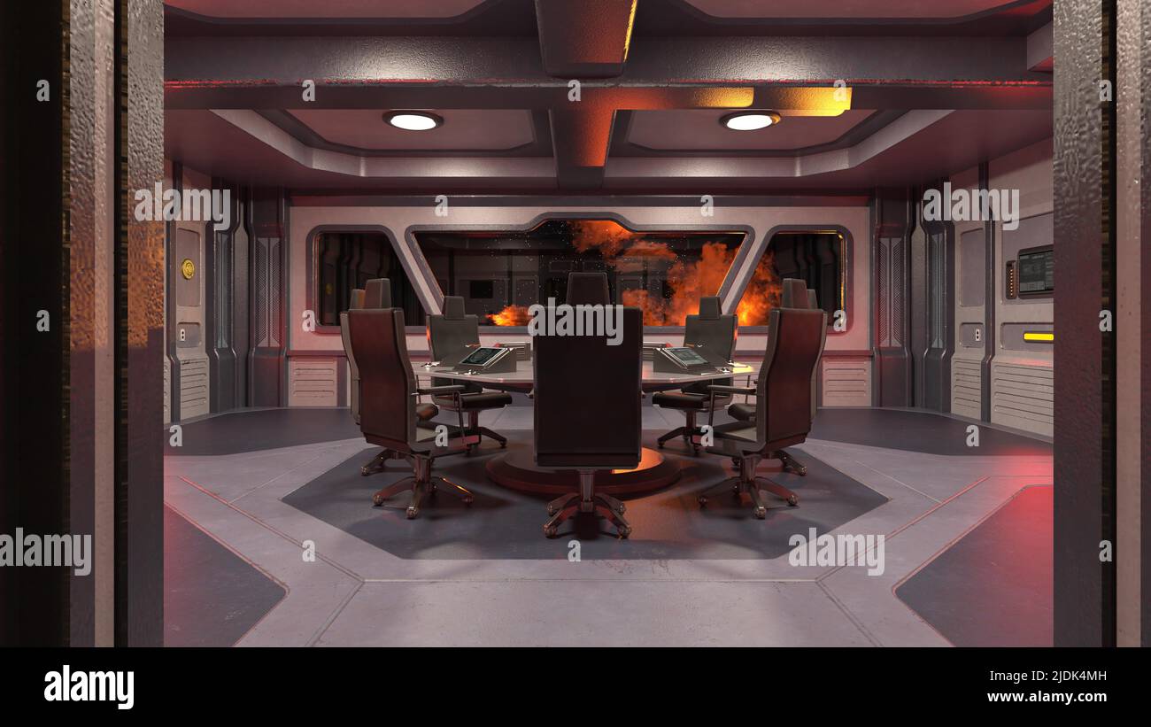 3D-illustration of an conference room in a starship with universe ...