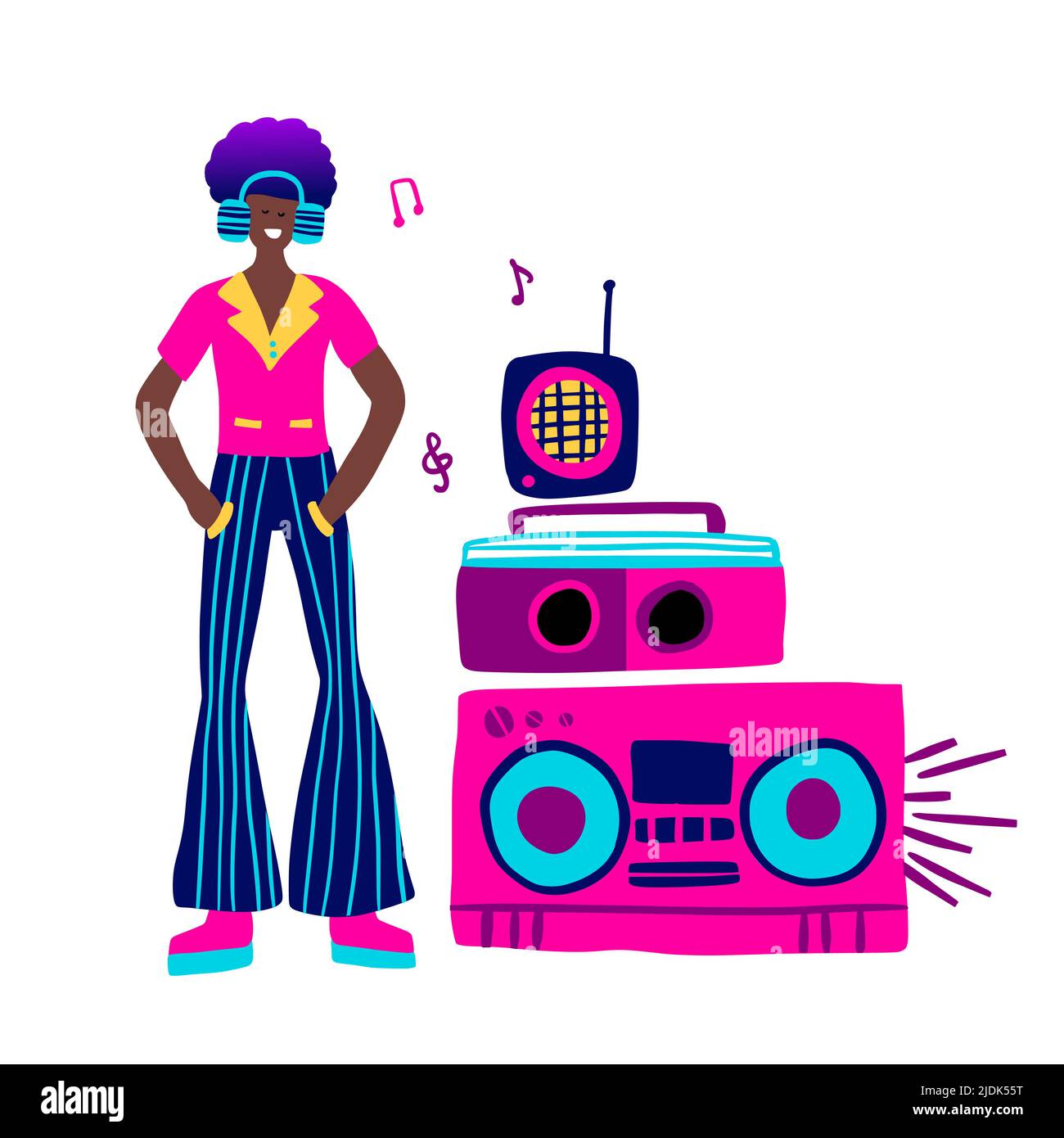 80s retro music party man and record player clipart. Cartoon boy ...