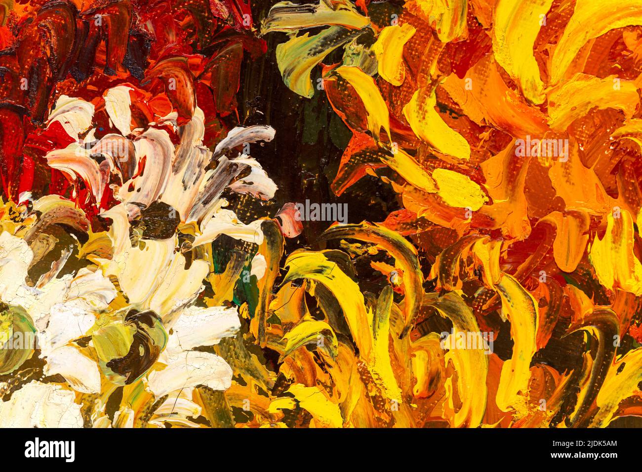 Macro of an impressionist style oil painting depicting a bouquet of ...