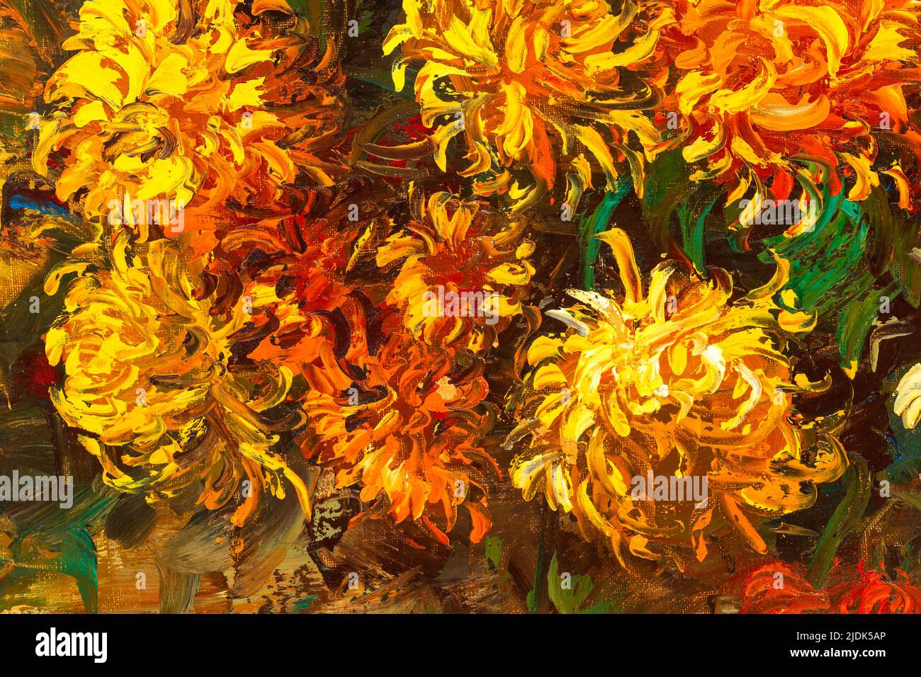 Macro of an impressionist style oil painting depicting a bouquet of ...