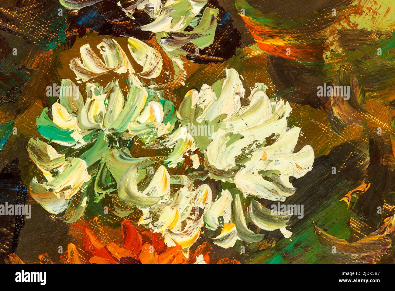 Macro of an impressionist style oil painting depicting a bouquet of ...