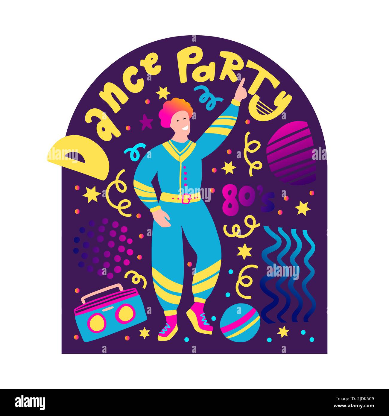 80s man poster. Prank dancing boy retro vector illustration. Cartoon ...