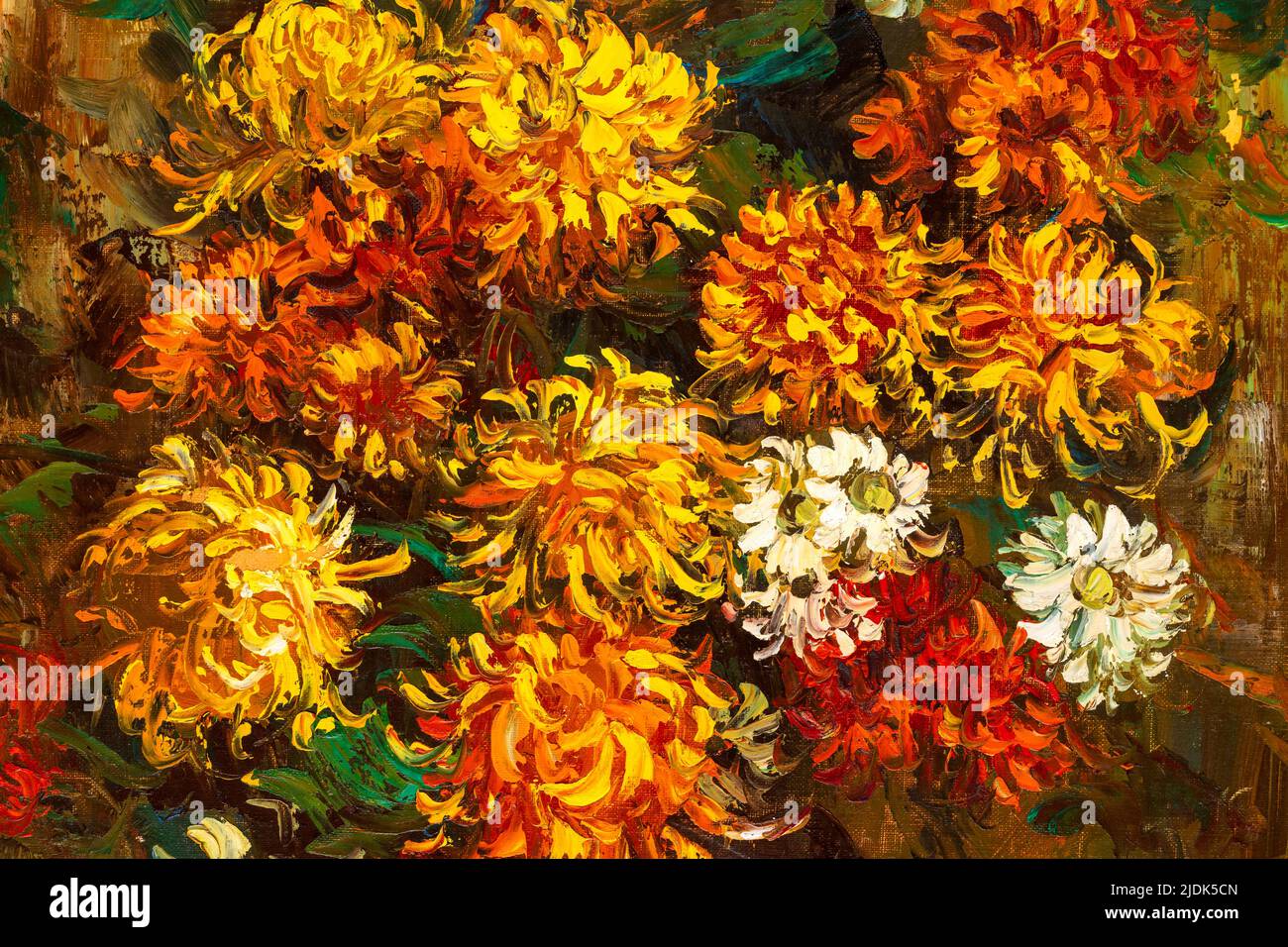 Macro of an impressionist style oil painting depicting a bouquet of ...